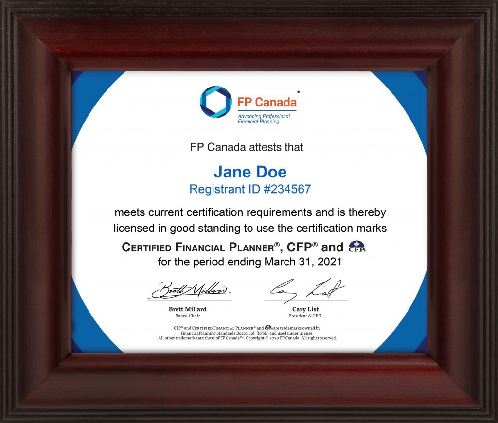 ANNUAL CERTIFICATE FRAME for CFP – Classic – FP Canada